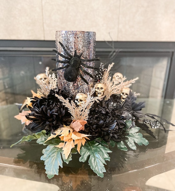 Halloween Centerpiece Halloween Table Decor Halloween Decor Black Gold Centerpiece Skull Centerpiece Halloween Hurricane Halloween Etsy