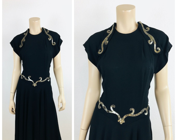 Vintage 1930s 1940s SCROLL BEADED Black Crepe Rayon Drop Waist Dress - Etsy