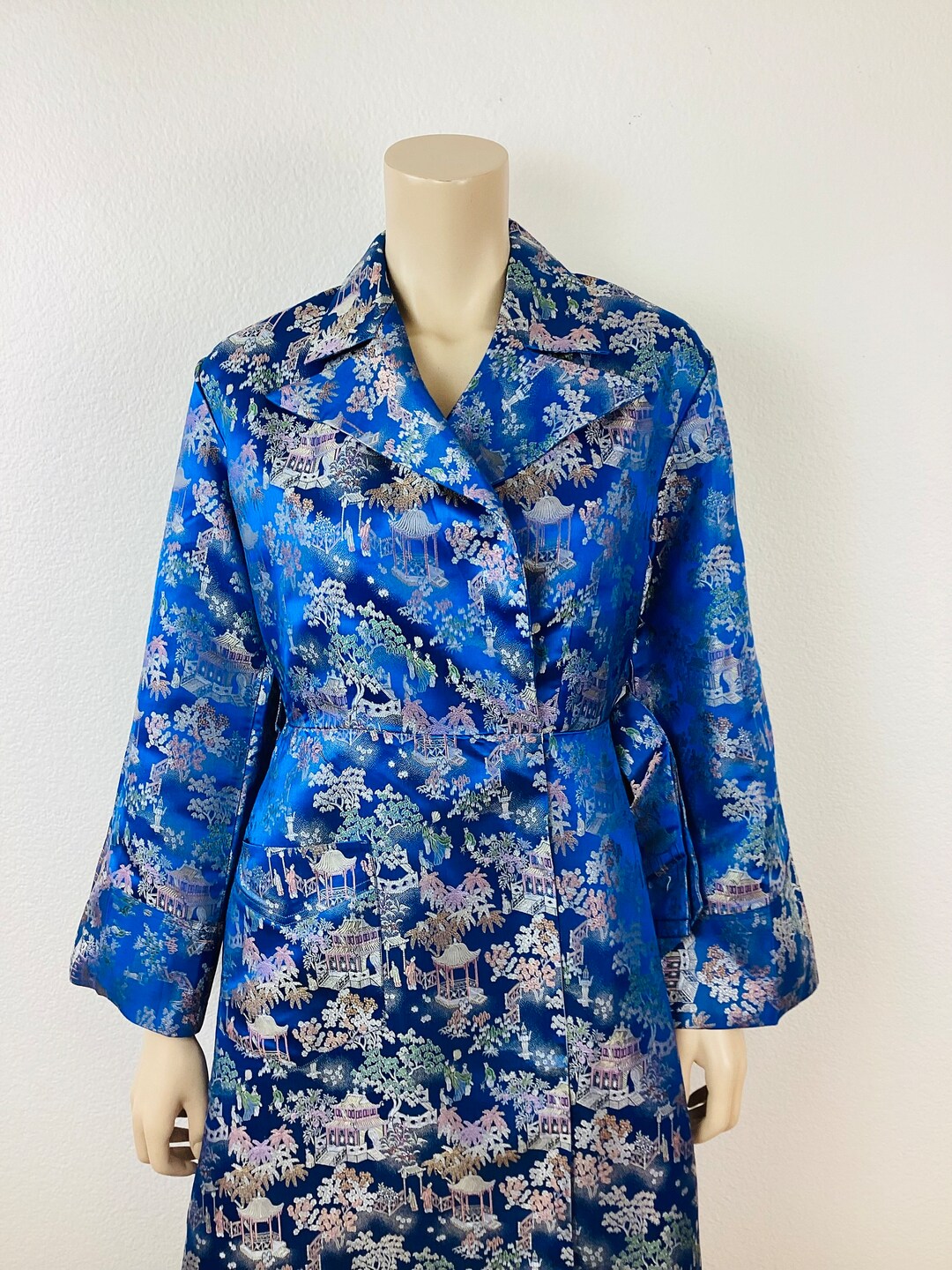 Vintage 1950s ASIAN Blue BROCADE Belted Duster / Dressing Robe Jacket ...