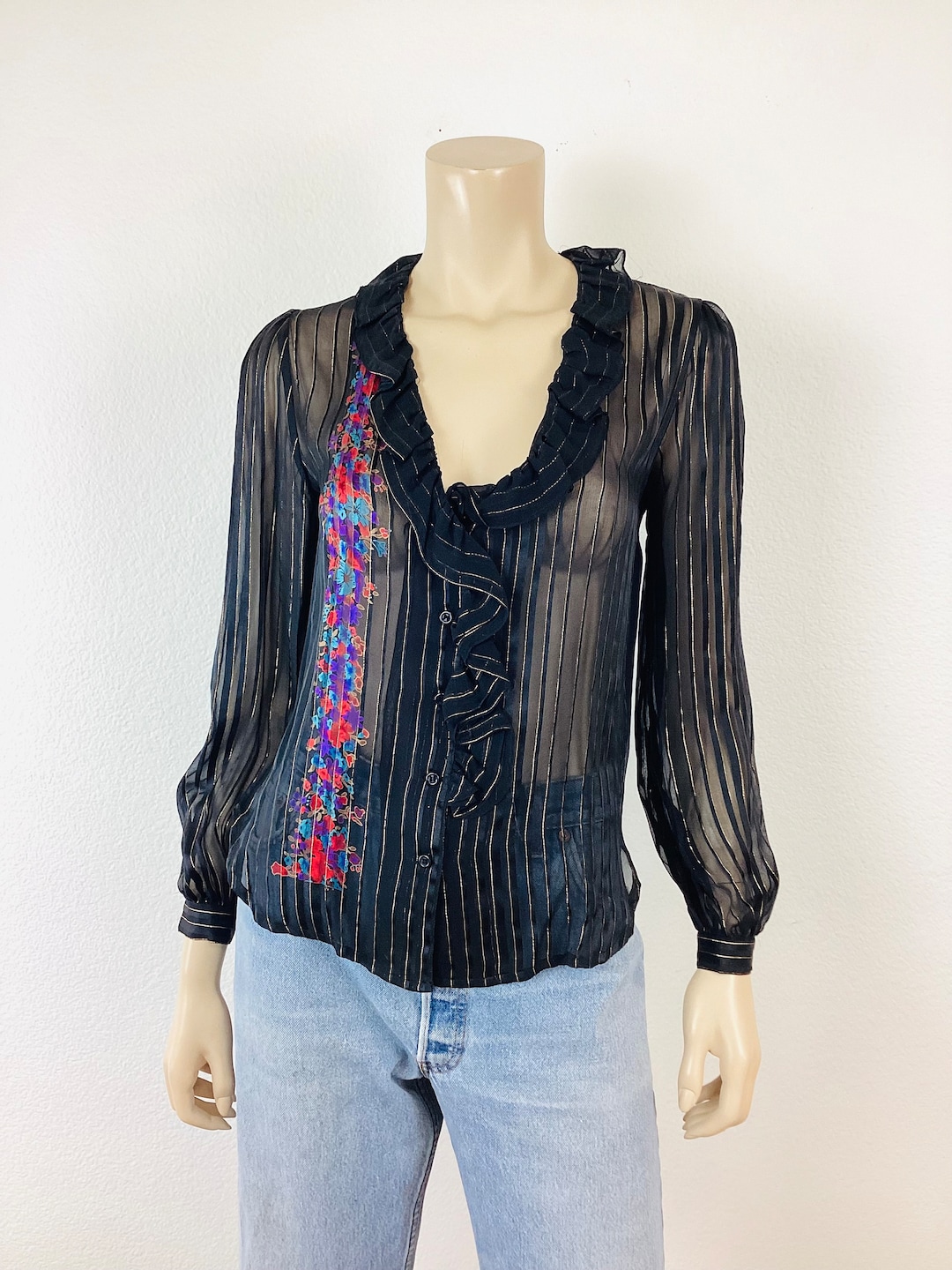 Vintage 1980s Sheer BLACK & GOLD METALLIC Thread Ruffled Floral Boho ...