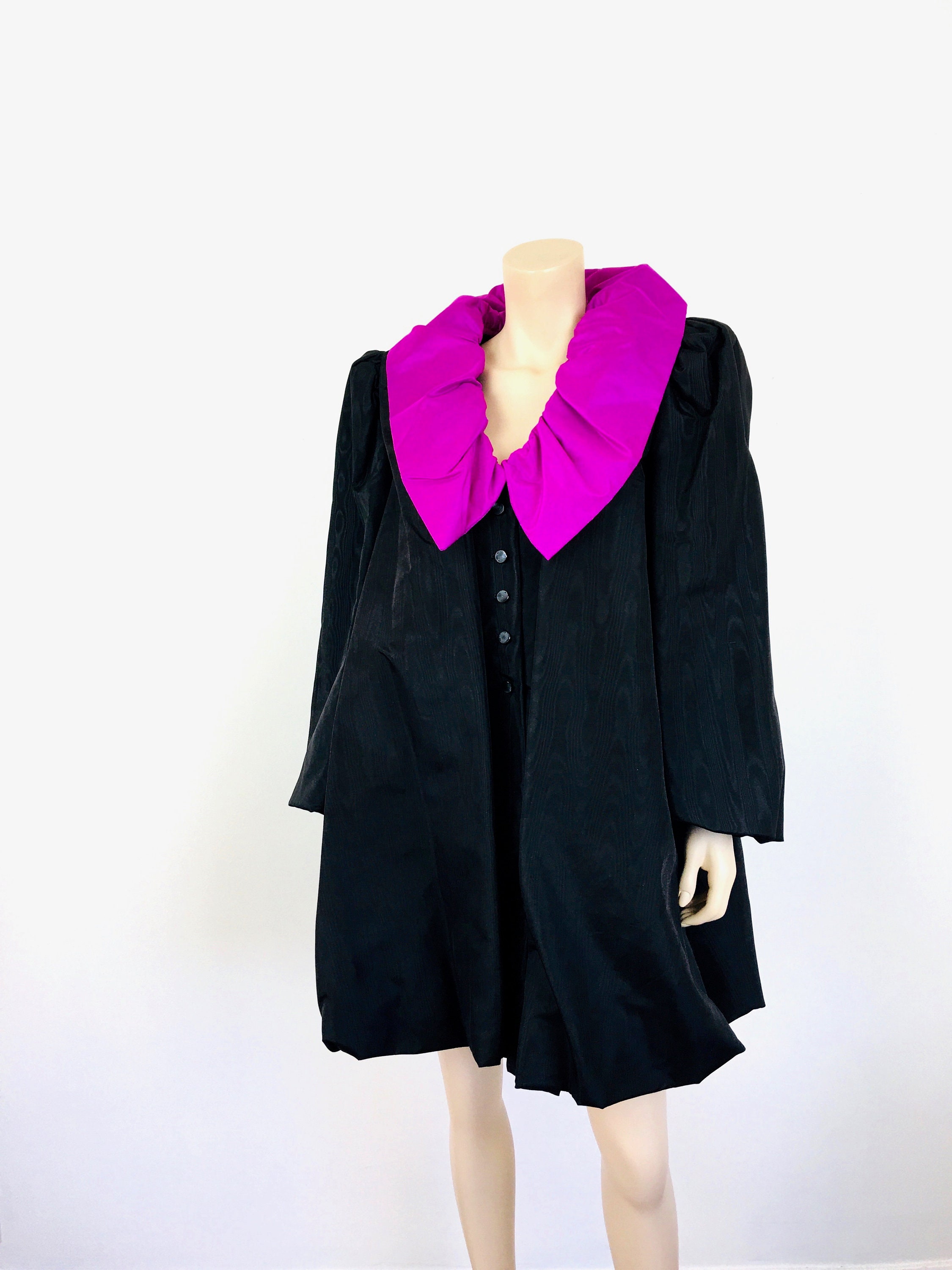 Vintage 1980s TAFFETA Pouffy BUBBLE DRESS Black & Fuchsia Puff Sleeve A ...