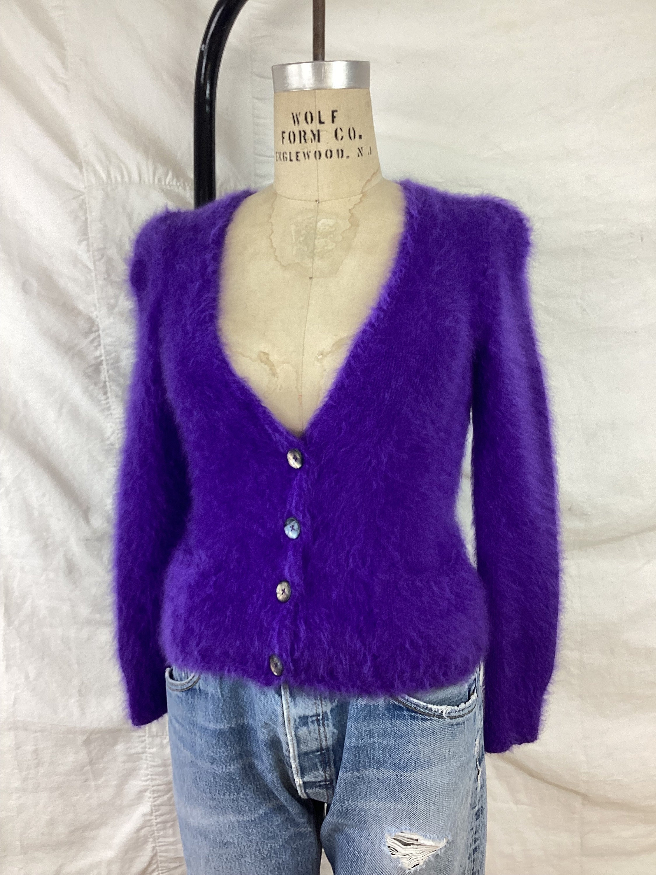 FUZZY PURPLE ANGORA Joan Vass Low Cut Cardigan Sweater - Etsy