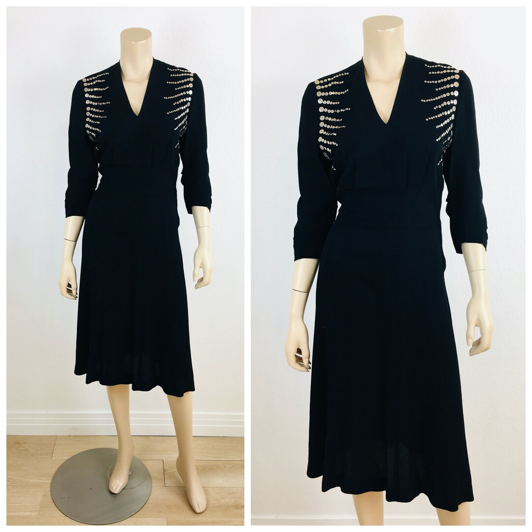 Vintage 1930s 1940s SILVER STUDDED Disc & Black Crepe Rayon Dress - Etsy