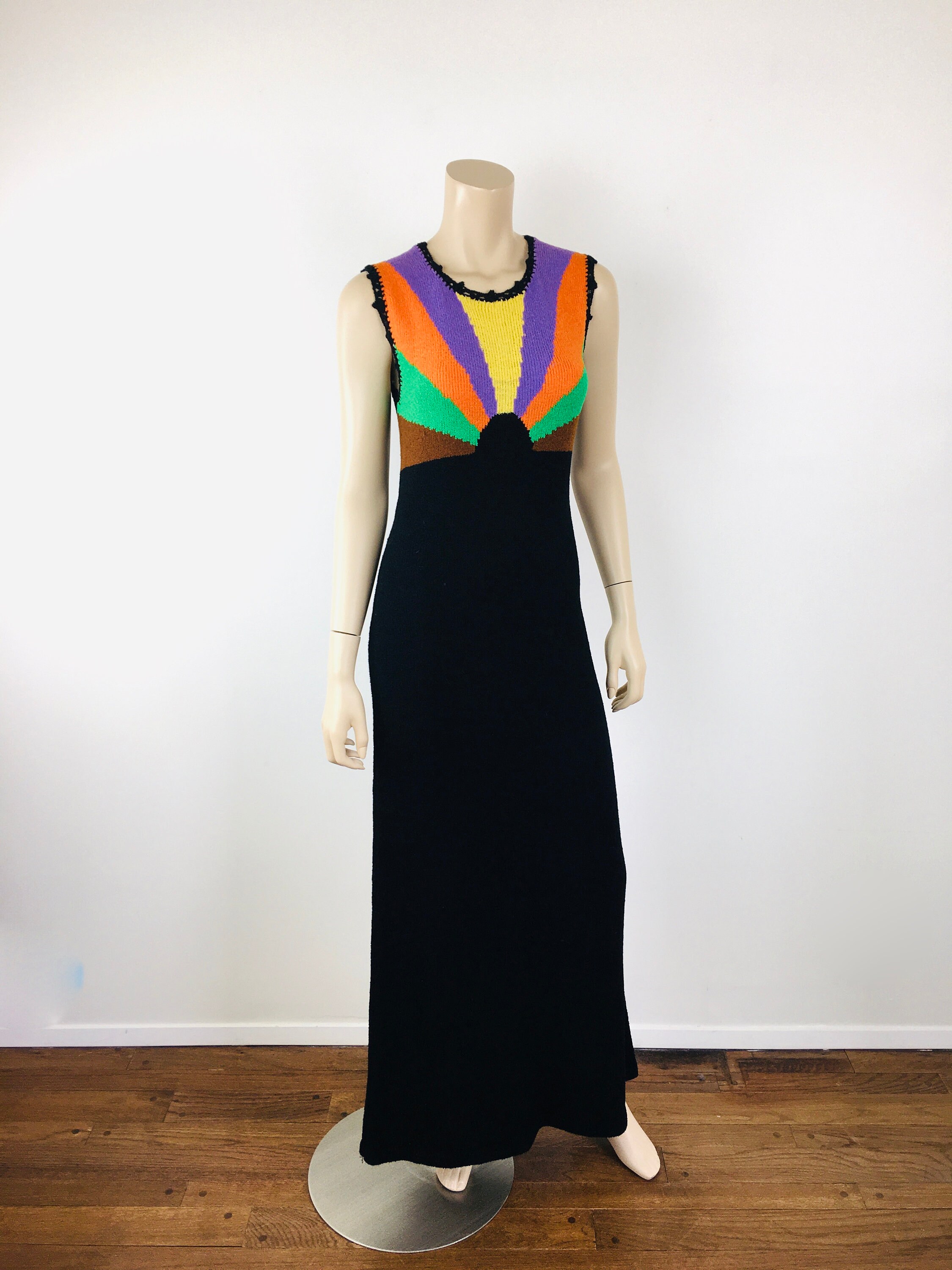 Vintage 1970s PUCCINI SUNBURST RAINBOW Knit & Black Maxi Dress ...