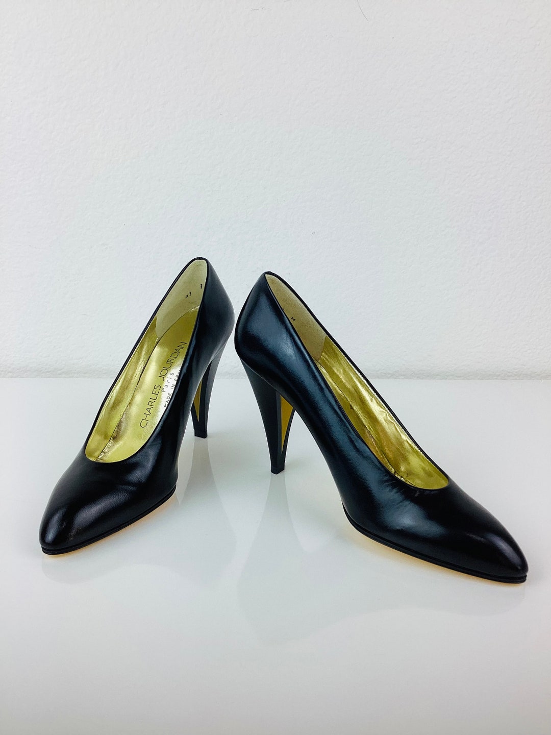 Vintage 1980s CHARLES JOURDAN BLACK Leather & Gold Sculpted Heel High ...
