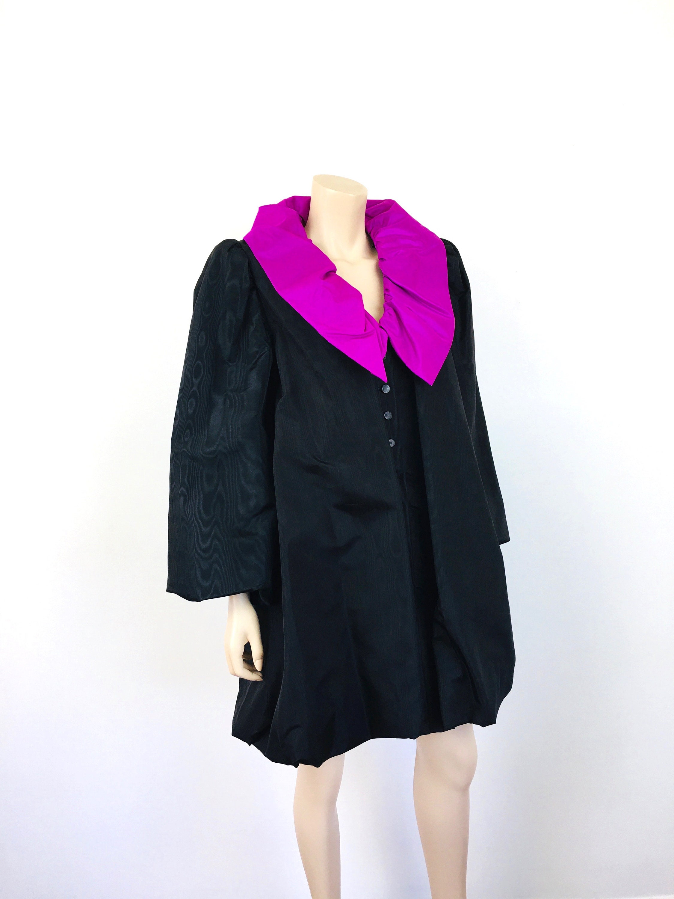 Vintage 1980s TAFFETA Pouffy BUBBLE DRESS Black & Fuchsia Puff Sleeve A ...