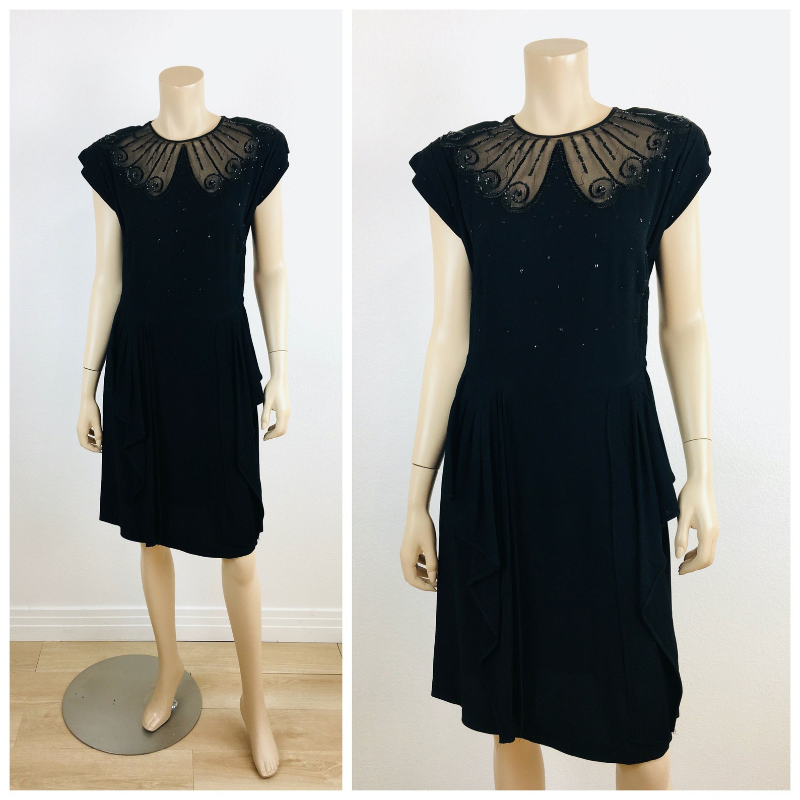 Vintage 1930s 1940s SHEER BEADED Net ILLUSION Black Crepe / Rayon Dress ...