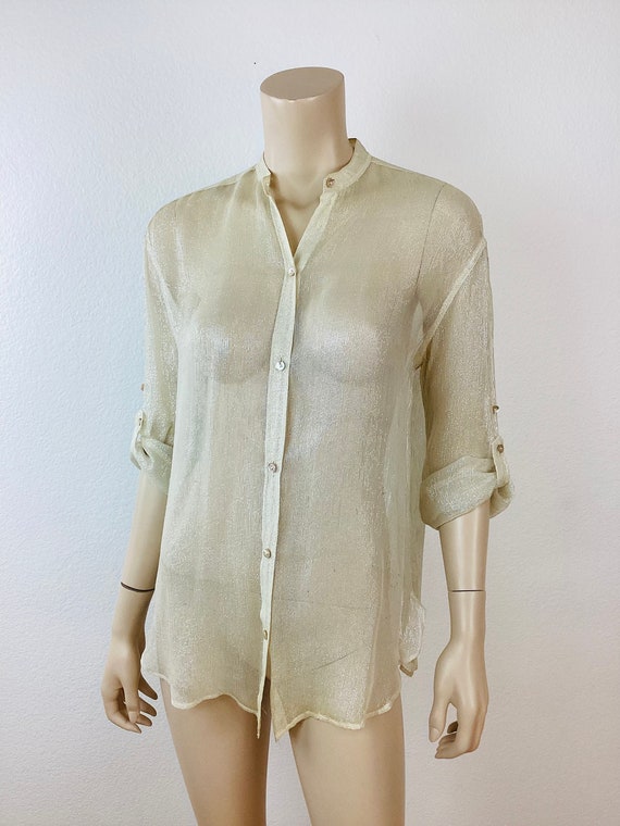 Vintage 1970s SILVER METALLIC Threads Sheer SILK Butt… - Gem
