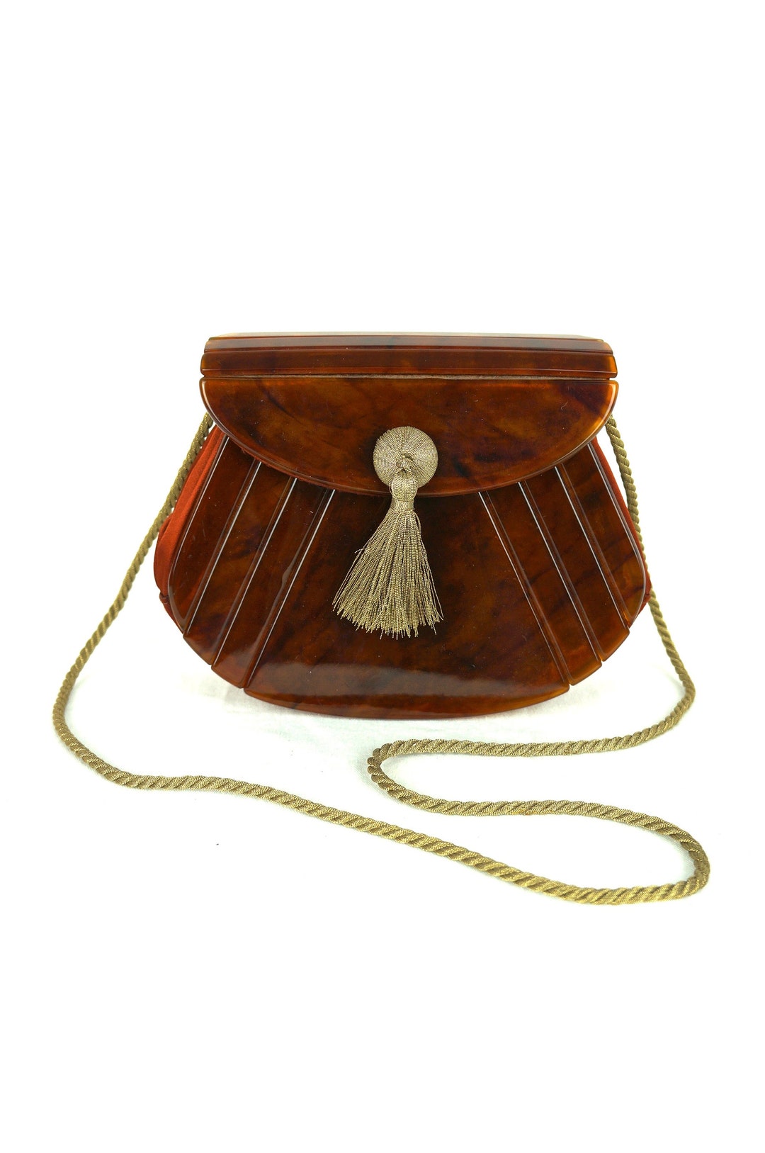 Vintage 1970s LUCITE Faux TORTOISE Antique GOLD Metal Tassel Bag by ...