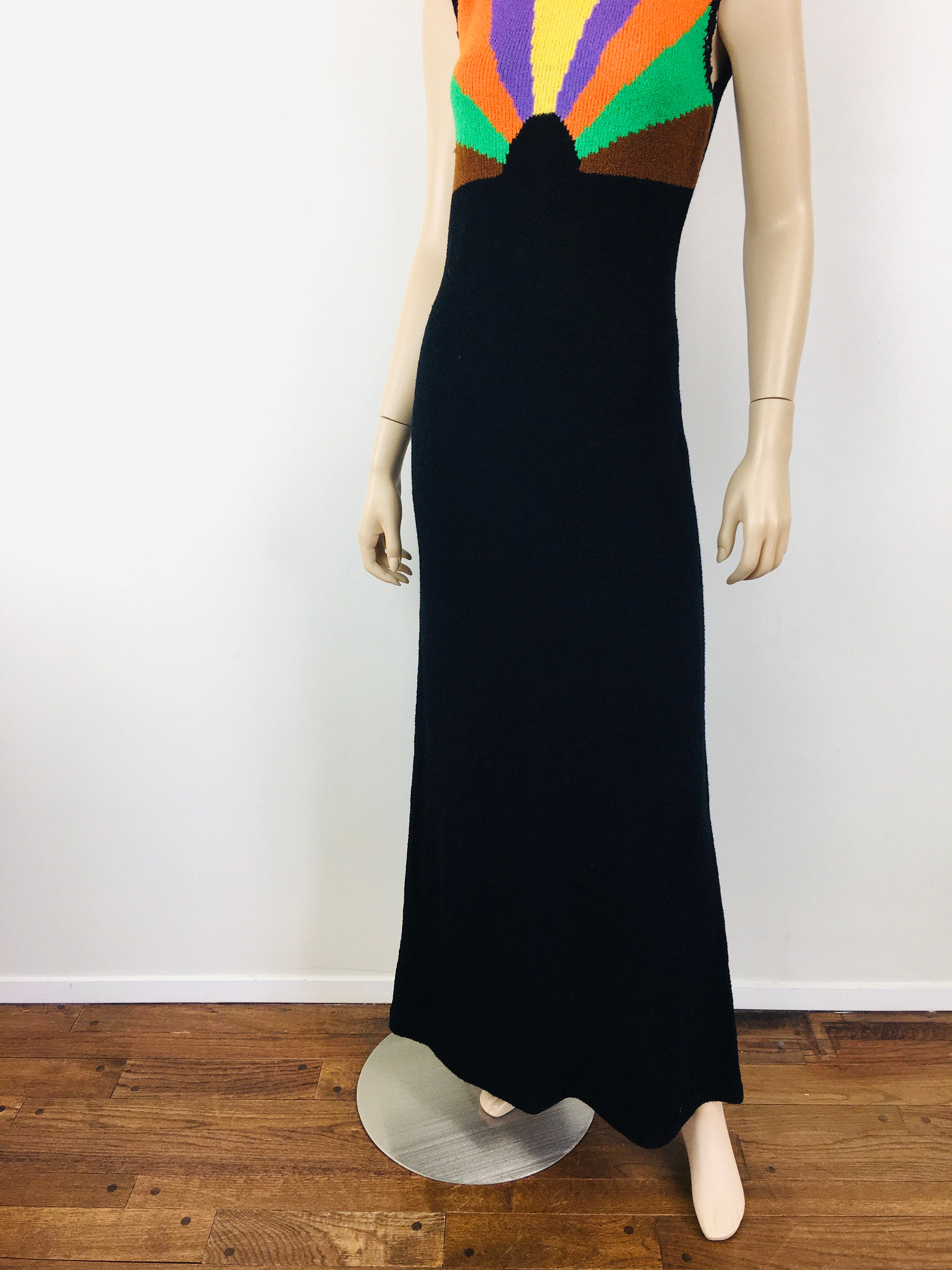 Vintage 1970s PUCCINI SUNBURST RAINBOW Knit & Black Maxi Dress ...