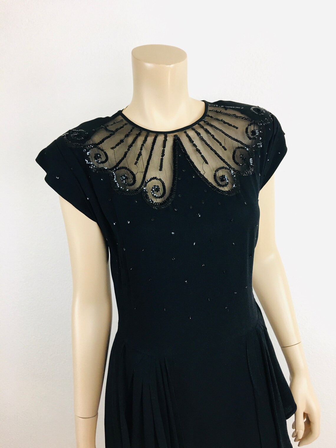 Vintage 1930s 1940s SHEER BEADED Net ILLUSION Black Crepe / - Etsy