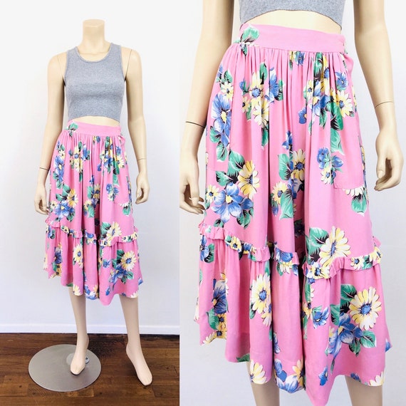 Vintage 1930s / 1940s PINK DAISY FLORAL Print Ruffled… - Gem