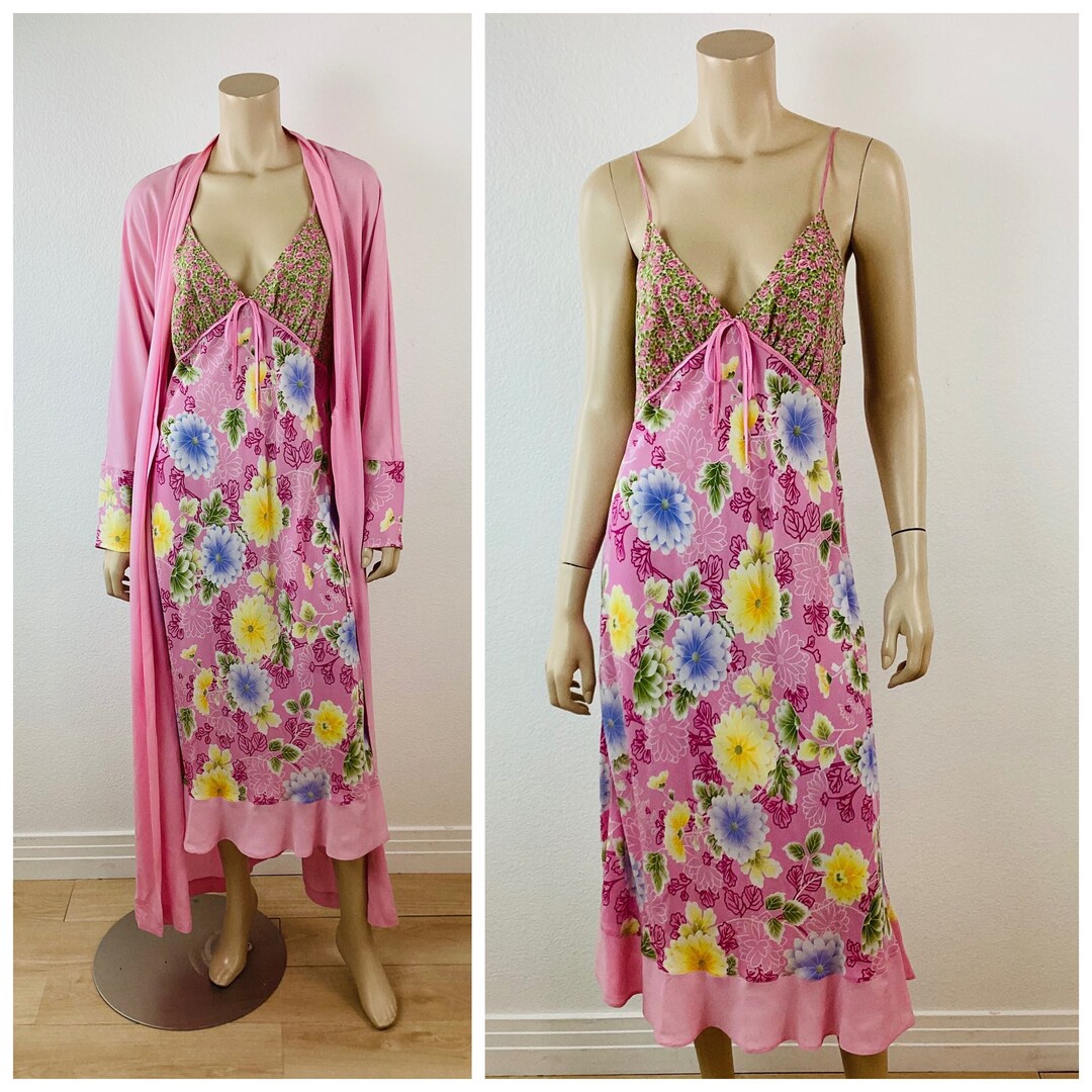 Vintage 1990s PINK FLORAL SILK Bias Slip Dress & Matching Dressing Robe ...