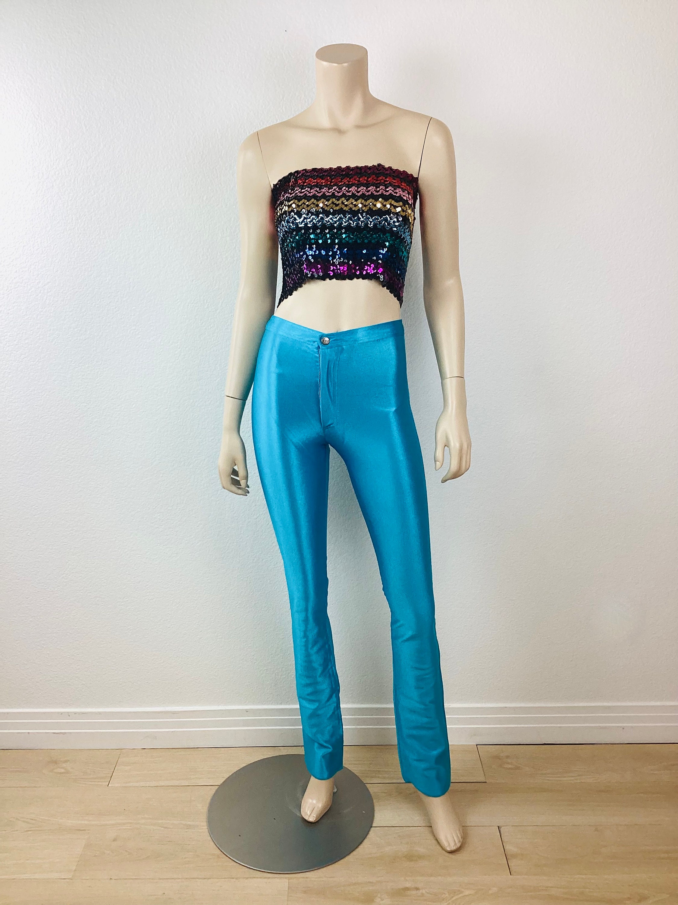 Vintage 1970s ELECTRIC TURQUOISE BLUE Stretchy Spandex Bojeangles Skin ...
