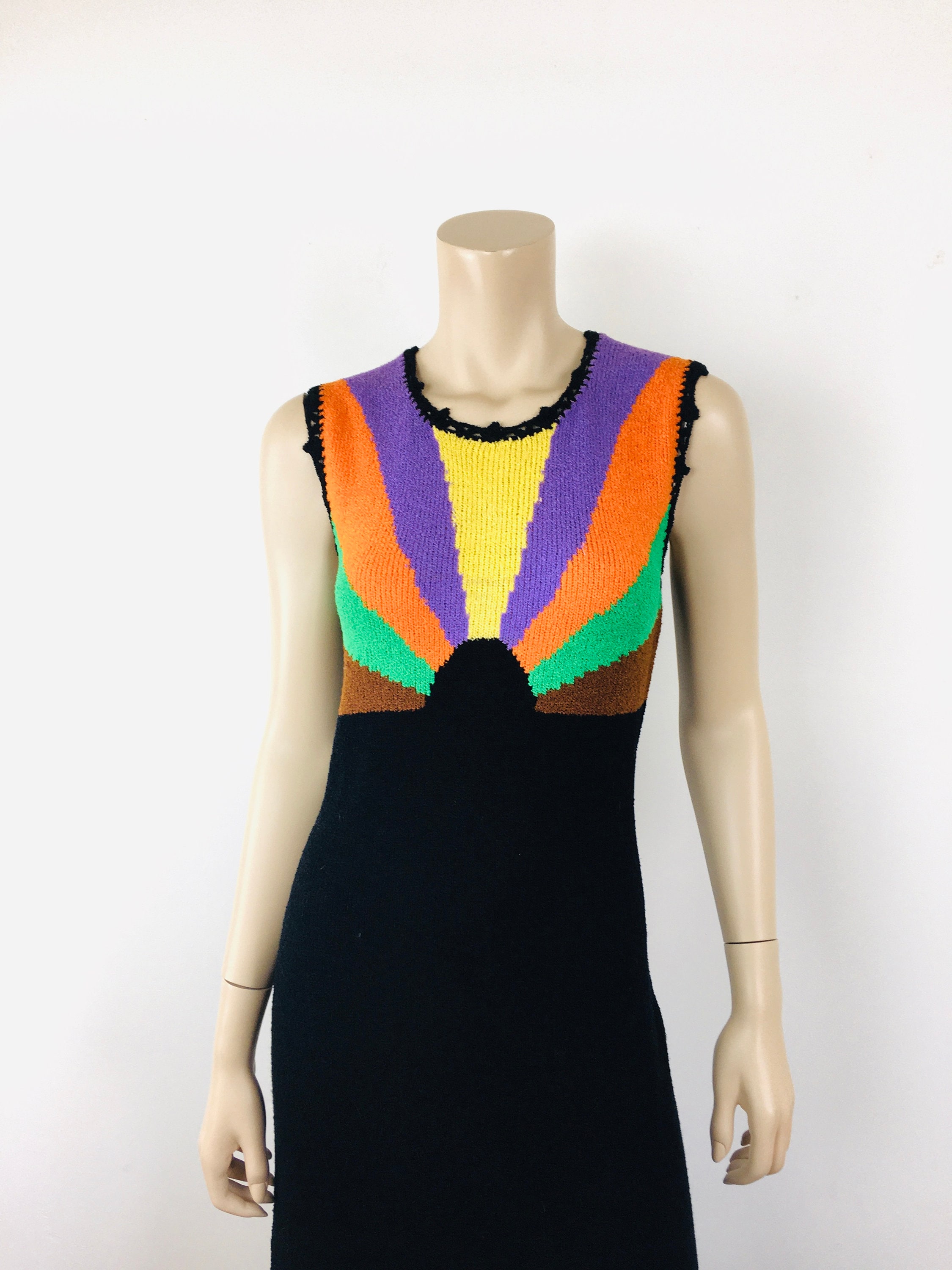 Vintage 1970s PUCCINI SUNBURST RAINBOW Knit & Black Maxi Dress ...