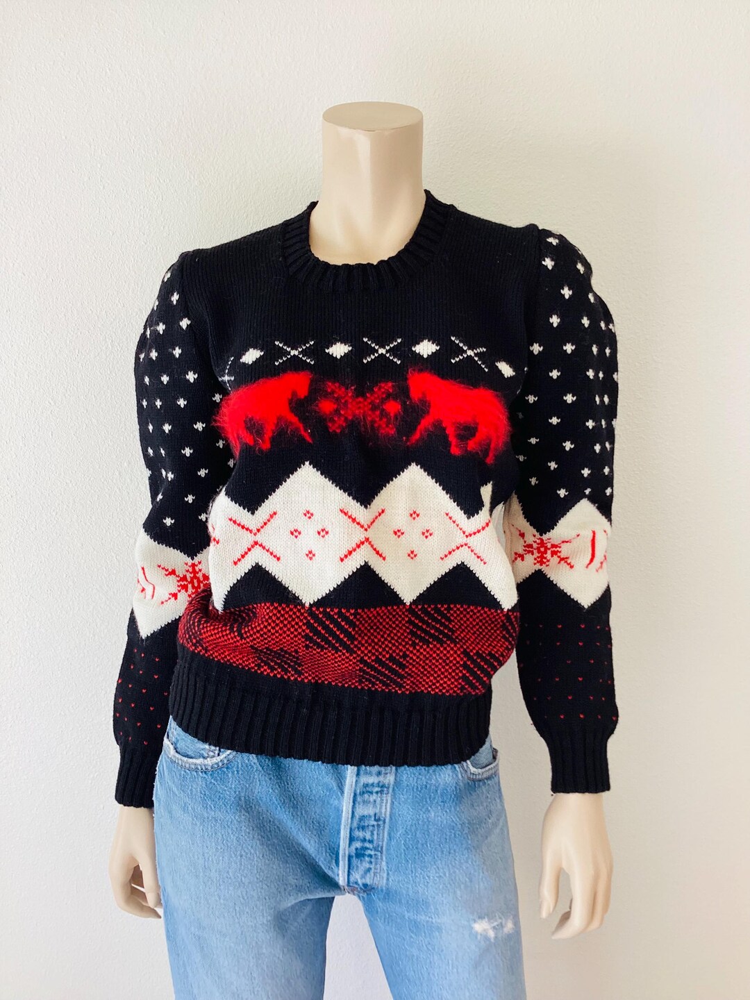 Vintage 1980s PUFF SLEEVE Black White & Red ANGORA Horse Wool Sweater ...