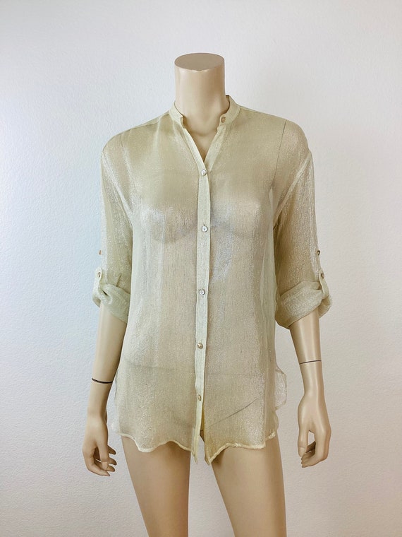 Vintage 1970s SILVER METALLIC Threads Sheer SILK Butt… - Gem