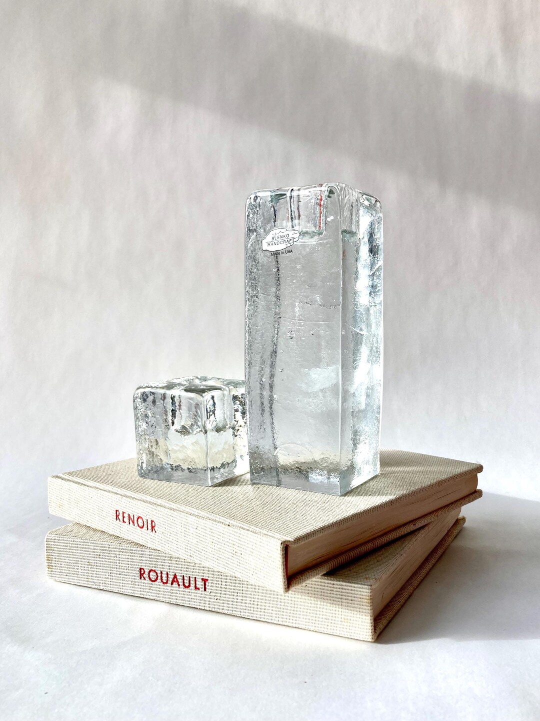 Vintage Pair Blenko Style Glass Ice Block Candleholders, Ice Cube ...