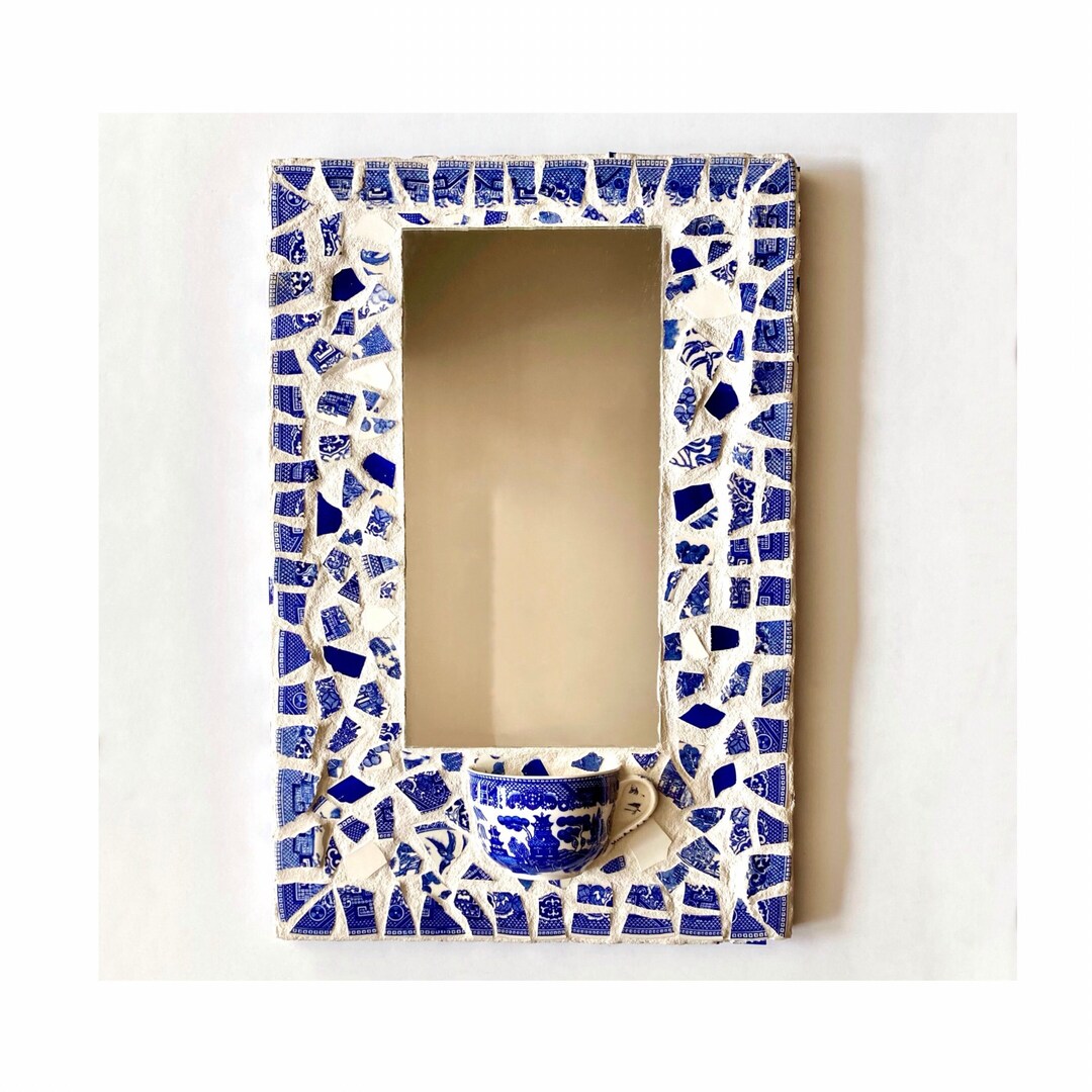 Vintage Blue & White Broken Tiled Mirror, Handmade Mirror, Blue Willow ...