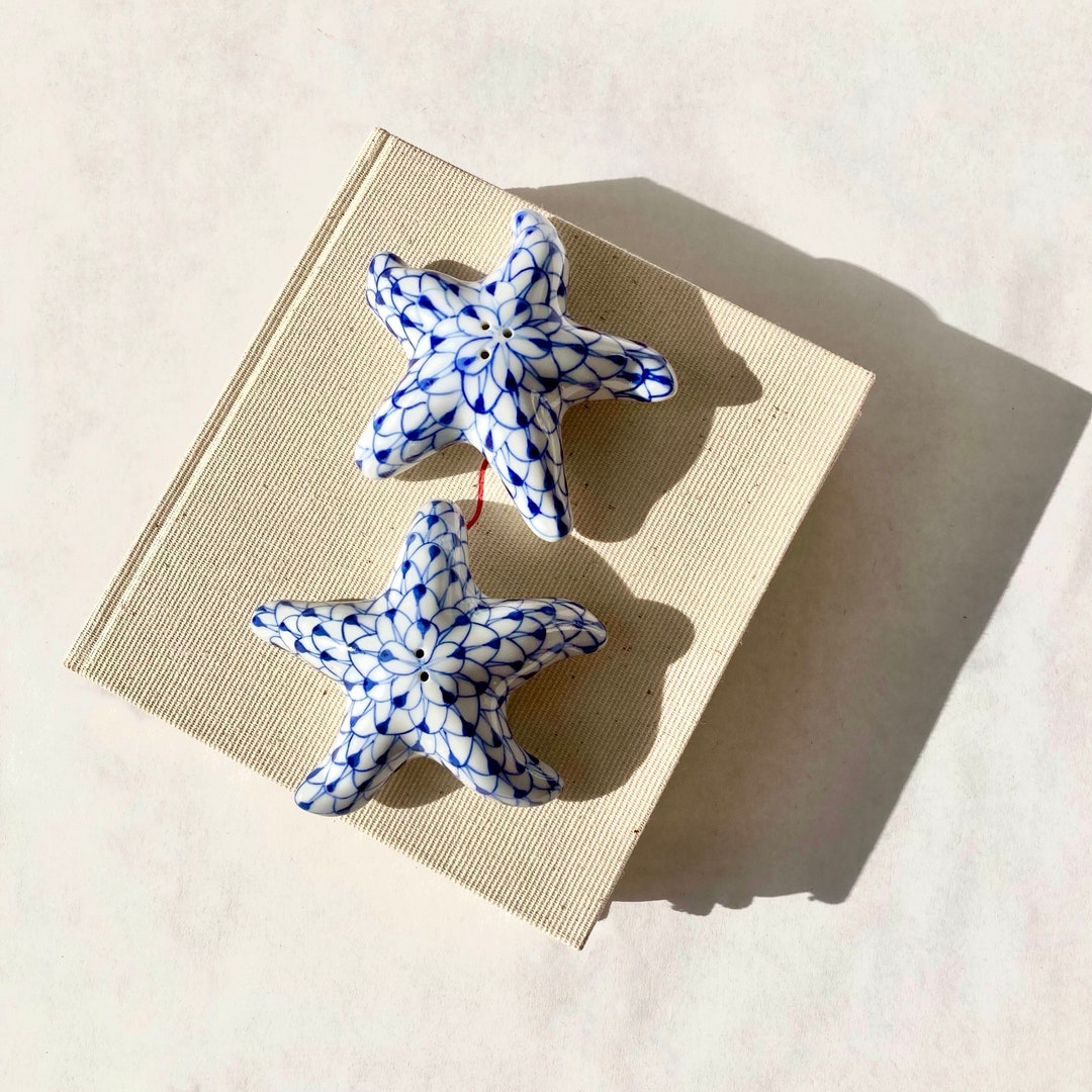 Blue & White Handpainted Starfish Salt Pepper Shakers, Fishnet ...