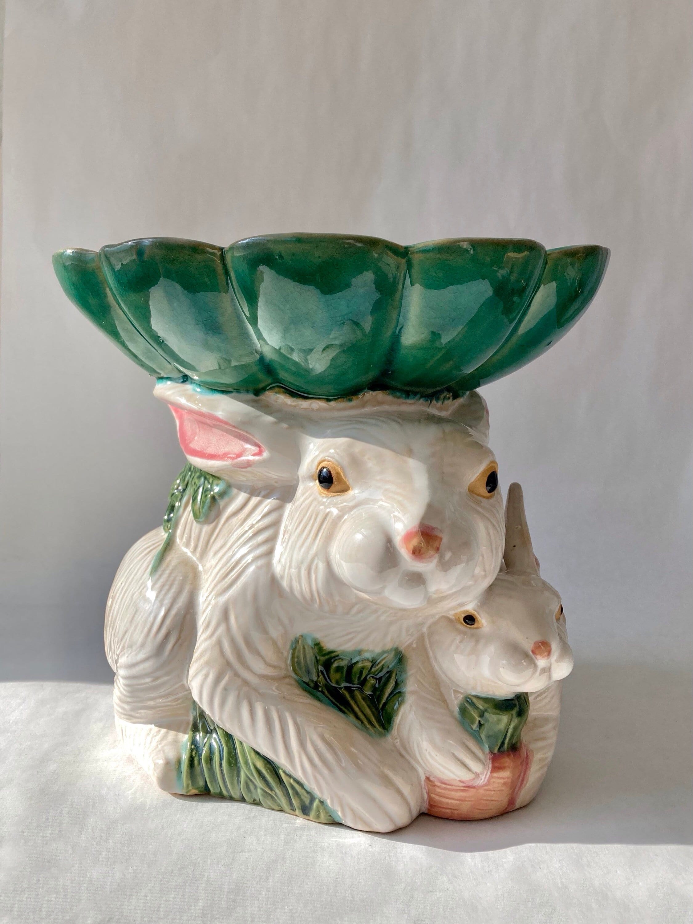 Vintage Ceramic Mother & Baby Bunny Dish, Majolica Style Rabbit ...