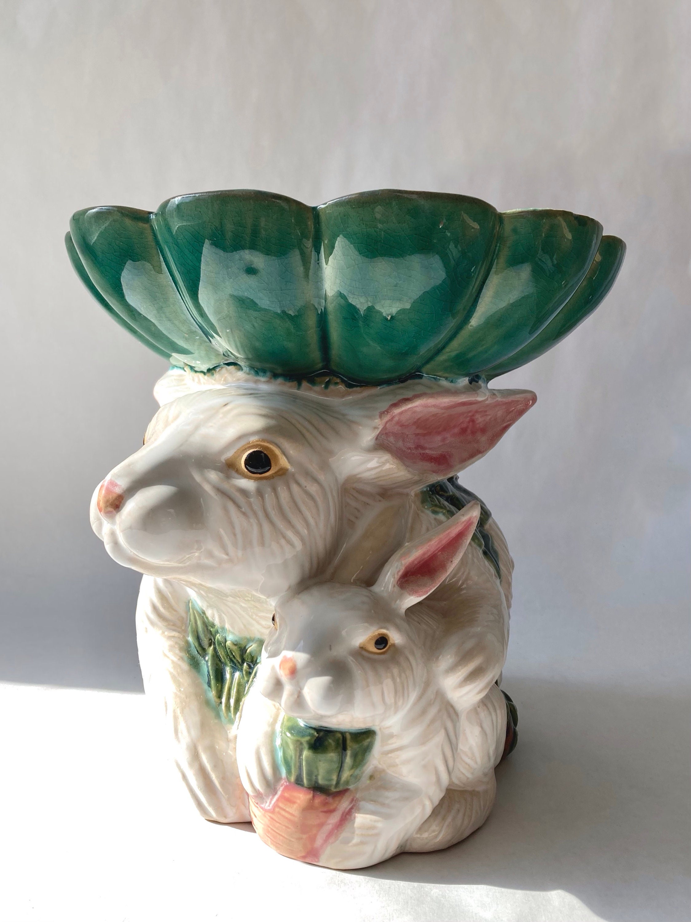 Vintage Ceramic Mother & Baby Bunny Dish, Majolica Style Rabbit ...
