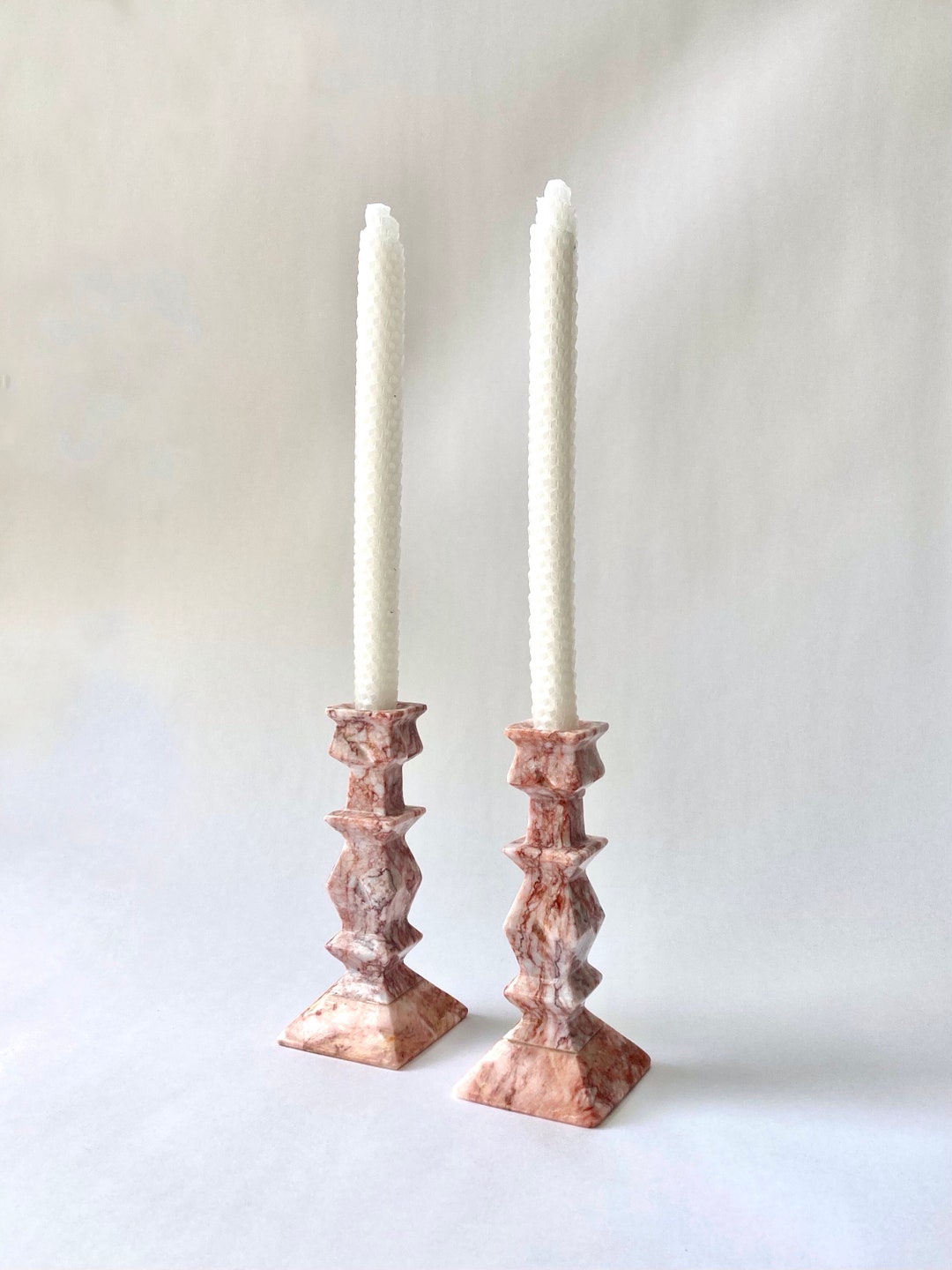 Vintage Pair Carved Pink Marble Candlesticks, Stone Candleholders ...