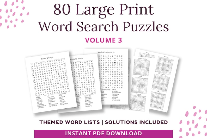 80 Large Print Word Search Puzzles for Seniors & Adults, Vol 3. - Etsy