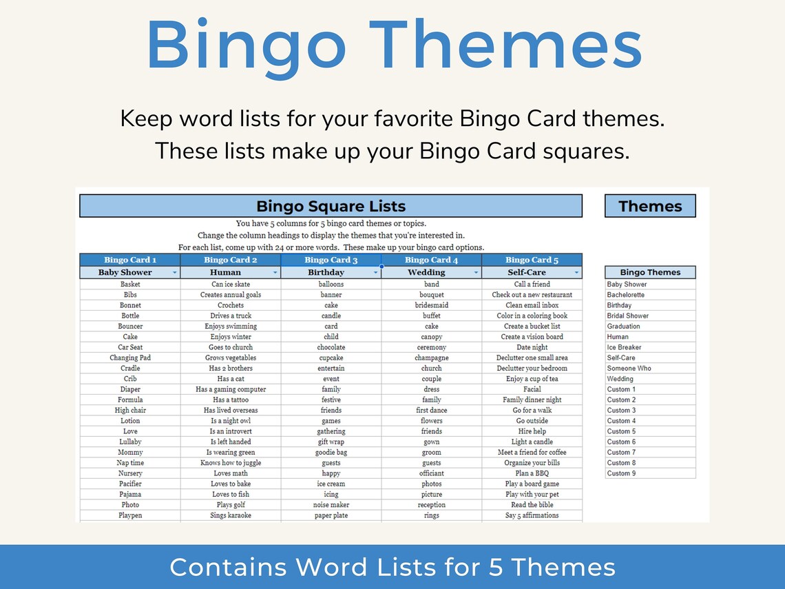 Custom Bingo Card Spreadsheet - Wedding, Bridal Shower, Birthday Party ...