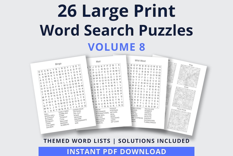 Word Search Printable, 26 Word Search Puzzles for Adults, Large Print Printable Games, Digital ...