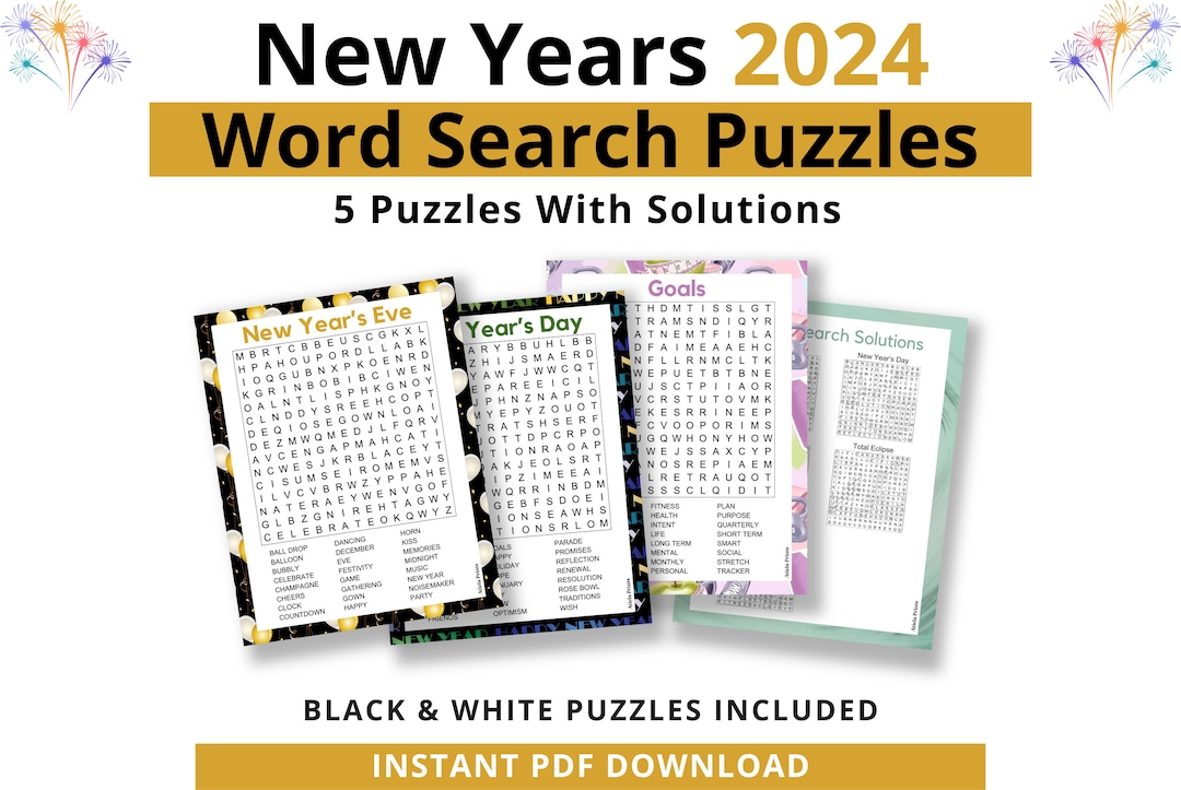 New Years Word Search Puzzles Printable, Party Games, Year 2024 ...