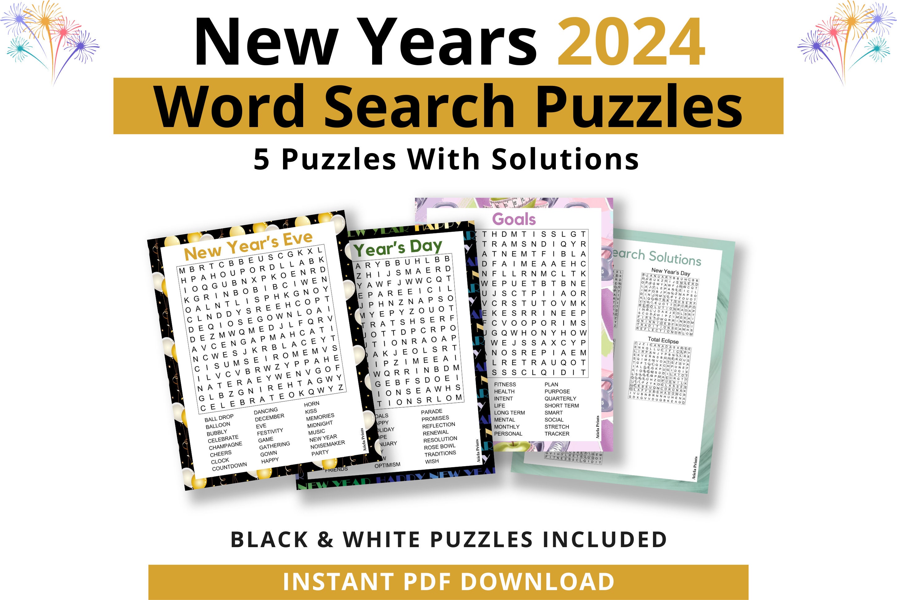 New Years Word Search Puzzles Printable, Party Games, Year 2024 ...