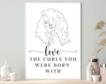 Curly Hair Line Art Print, Printable Wall Art, Woman Hair Poster Art ...