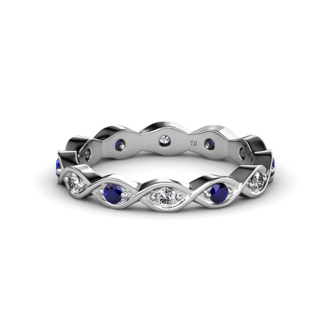 Blue Sapphire and Diamond Twisted Womens Eternity Ring Stackable 14K ...
