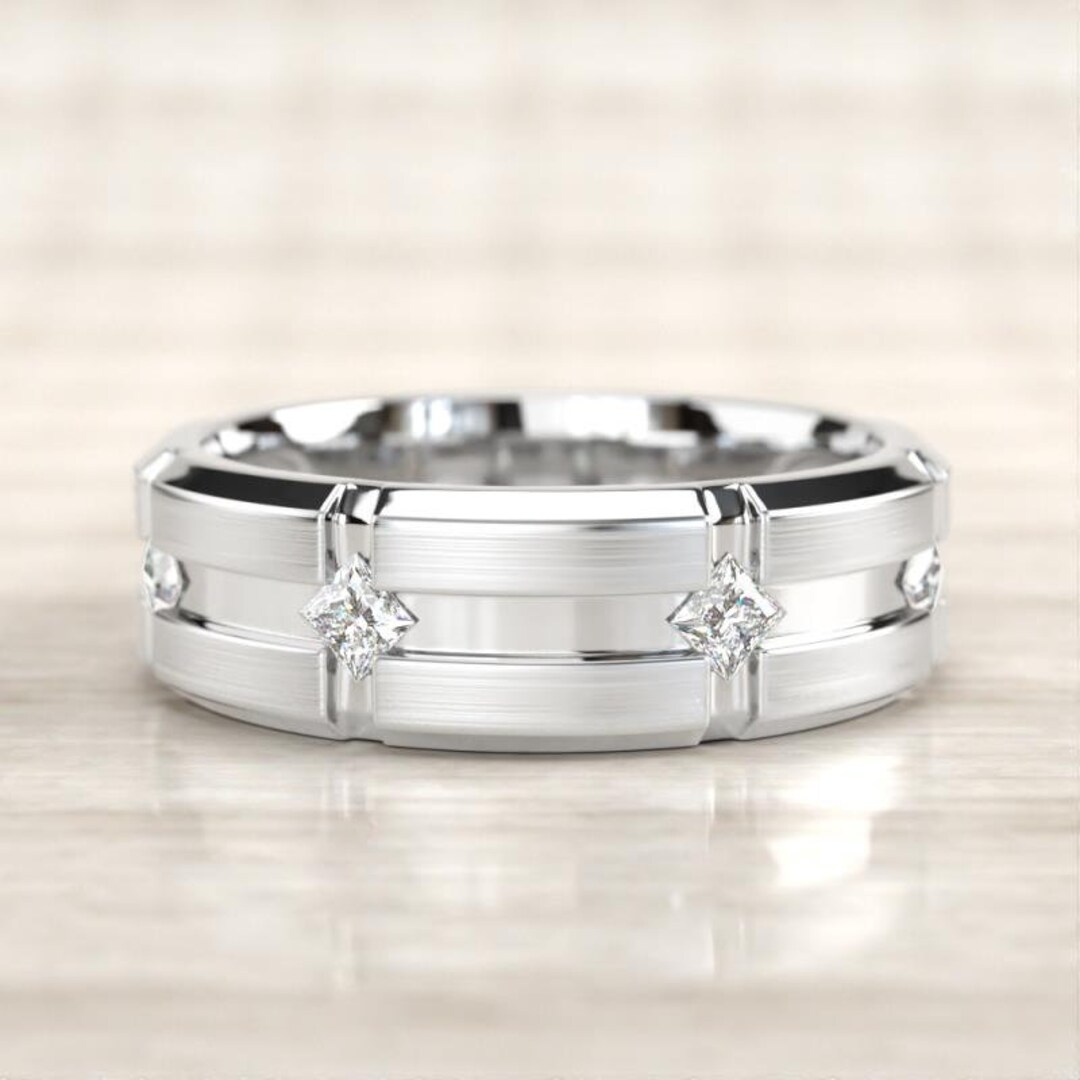 Princess Cut Kite Set 7.50 Mm Four Stone Men's Wedding Band 14K White ...