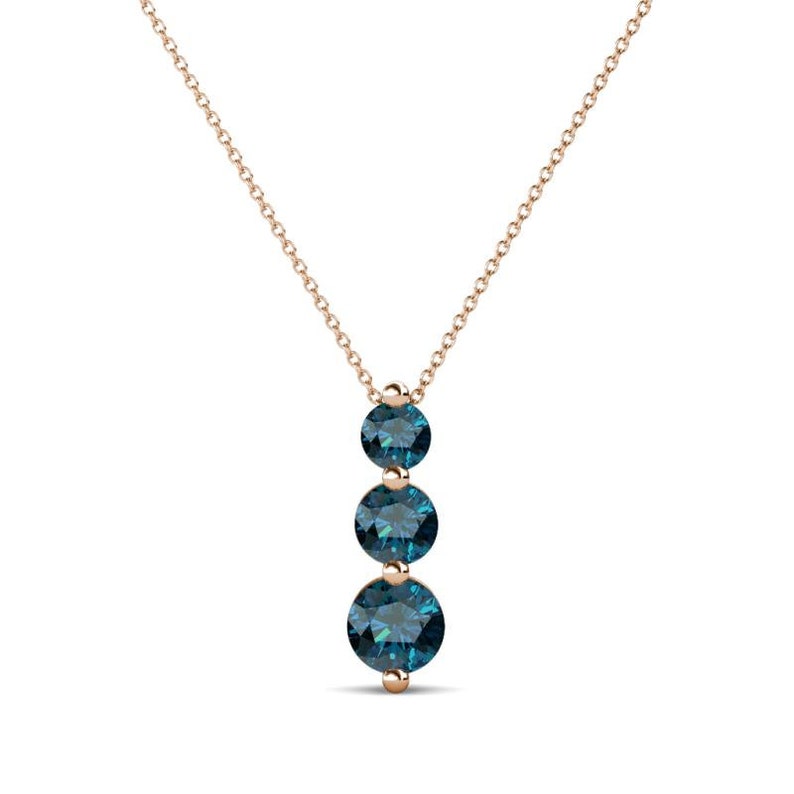 Round Blue Diamond Graduated Three Stone Drop Pendant 14K Gold ...