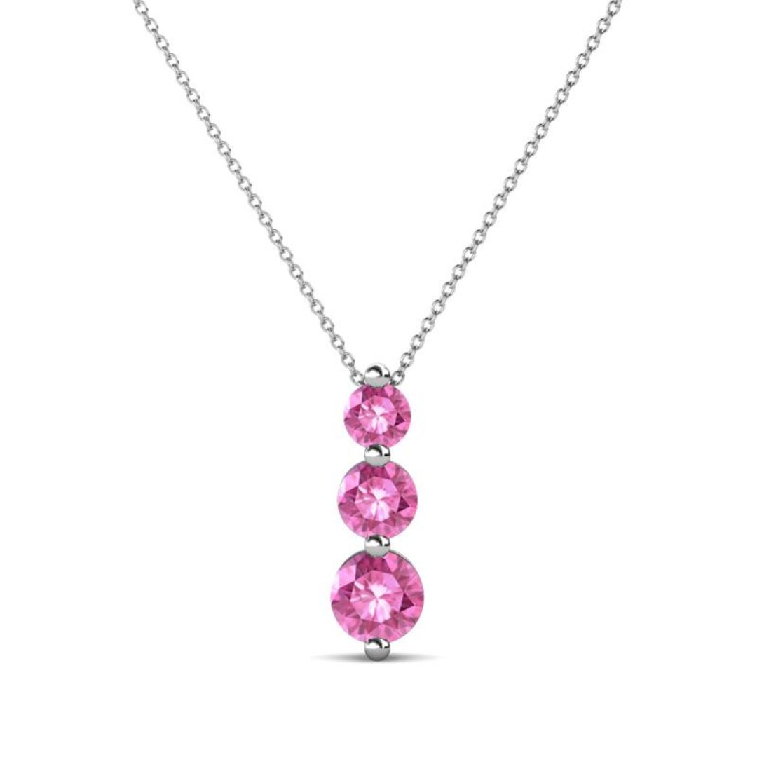 Round Pink Sapphire Graduated Three Stone Drop Pendant 14K Gold ...