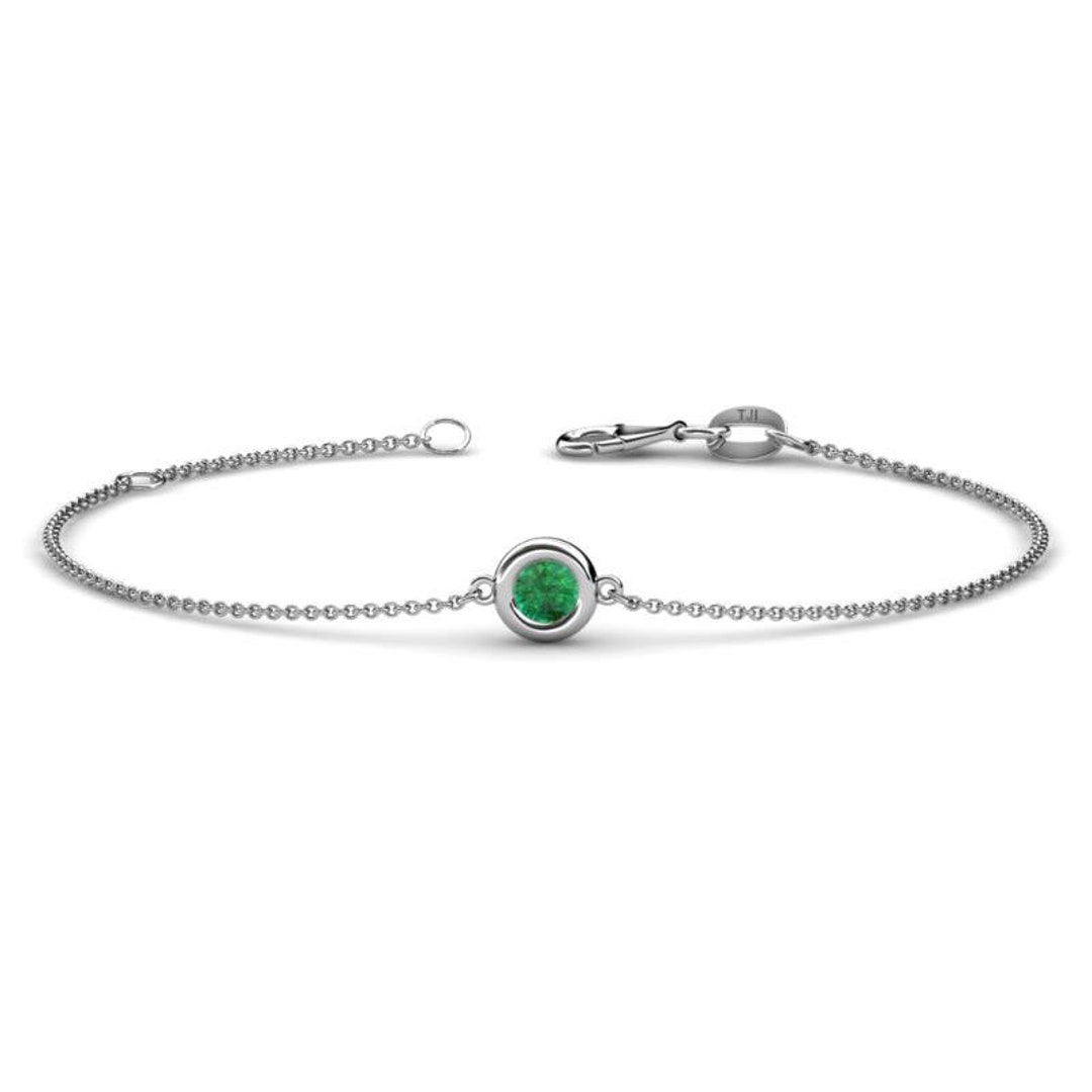 Round Emerald Solitaire Station Minimalist Bracelet 1/5 Ct 14K Gold JP ...