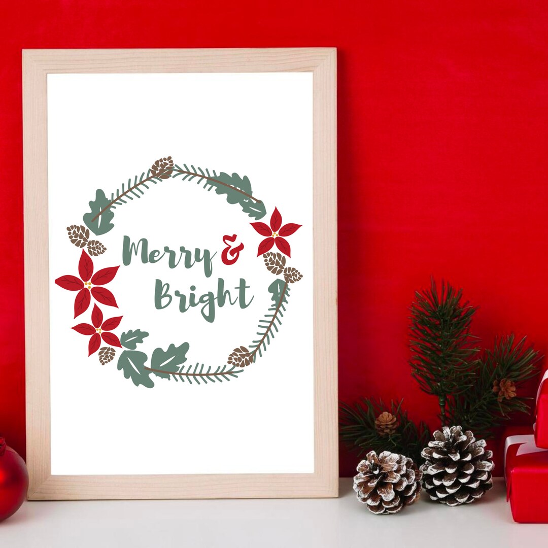 Merry & Bright Digital Download, Digital Print, Christmas Wall Art ...