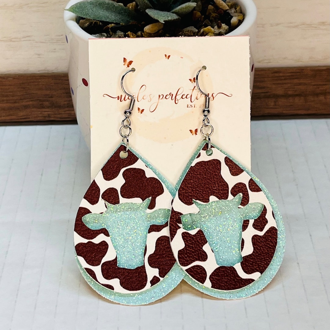Cow Earrings, Cow Print, Teal Earrings, Cow Print, Faux Leather, Brown ...