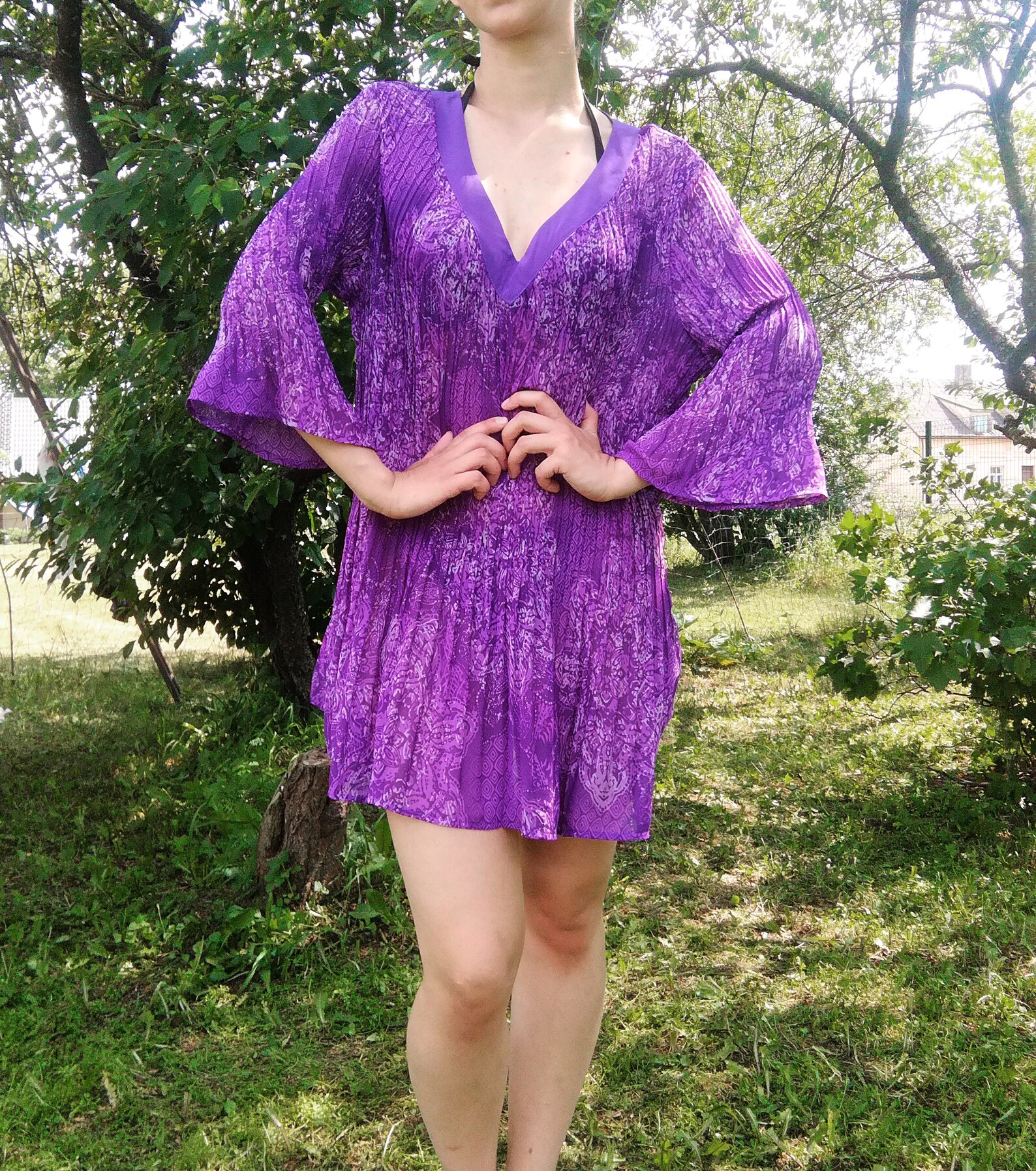 Vibrant Purple Vintage Micro Pleat Dress. 80s, 90s, Bell Sleeves, Beach ...