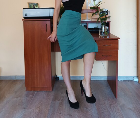 Retro Teal Pencil Skirt with Buttons, Cotton, Vintage… - Gem