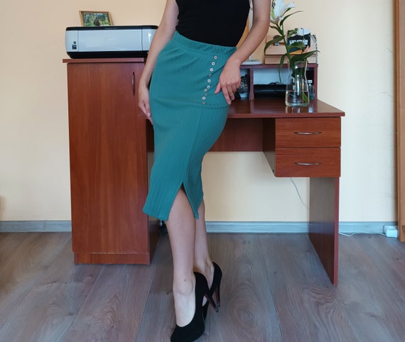 Retro Teal Pencil Skirt with Buttons, Cotton, Vintage… - Gem