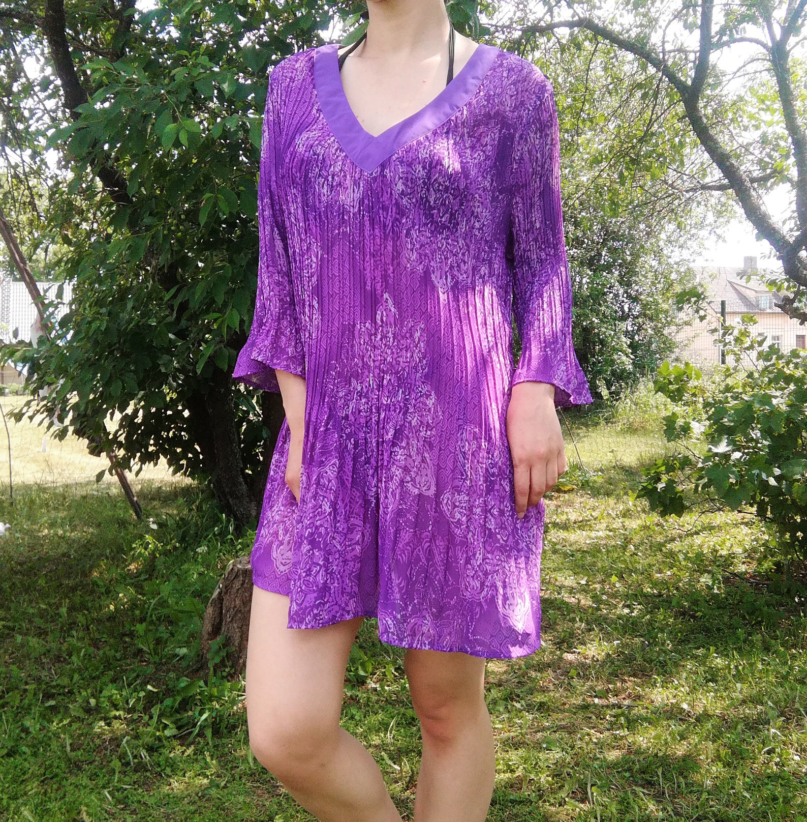 Vibrant Purple Vintage Micro Pleat Dress. 80s, 90s, Bell Sleeves, Beach ...