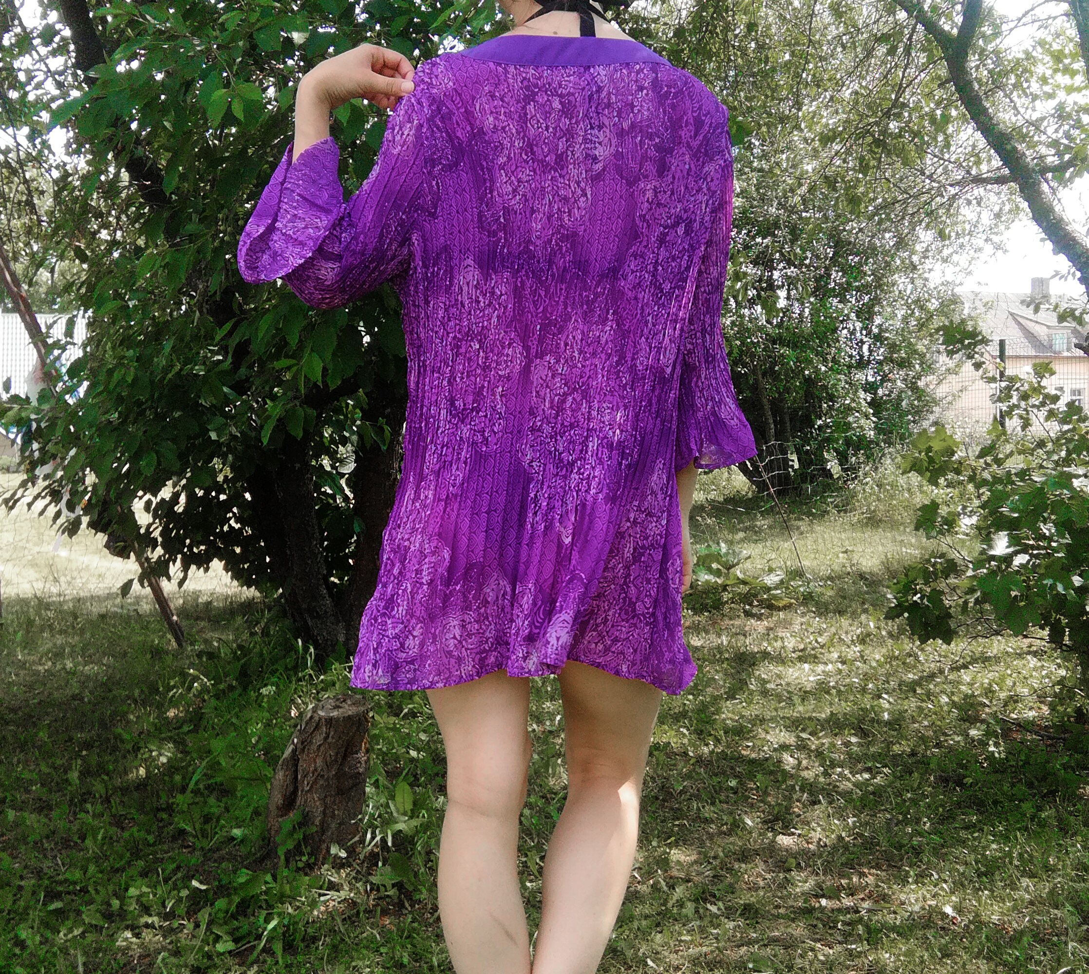 Vibrant Purple Vintage Micro Pleat Dress. 80s, 90s, Bell Sleeves, Beach ...