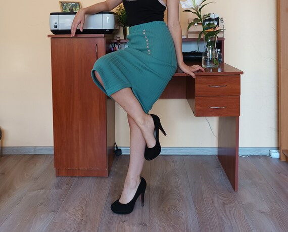 Retro Teal Pencil Skirt with Buttons, Cotton, Vintage… - Gem