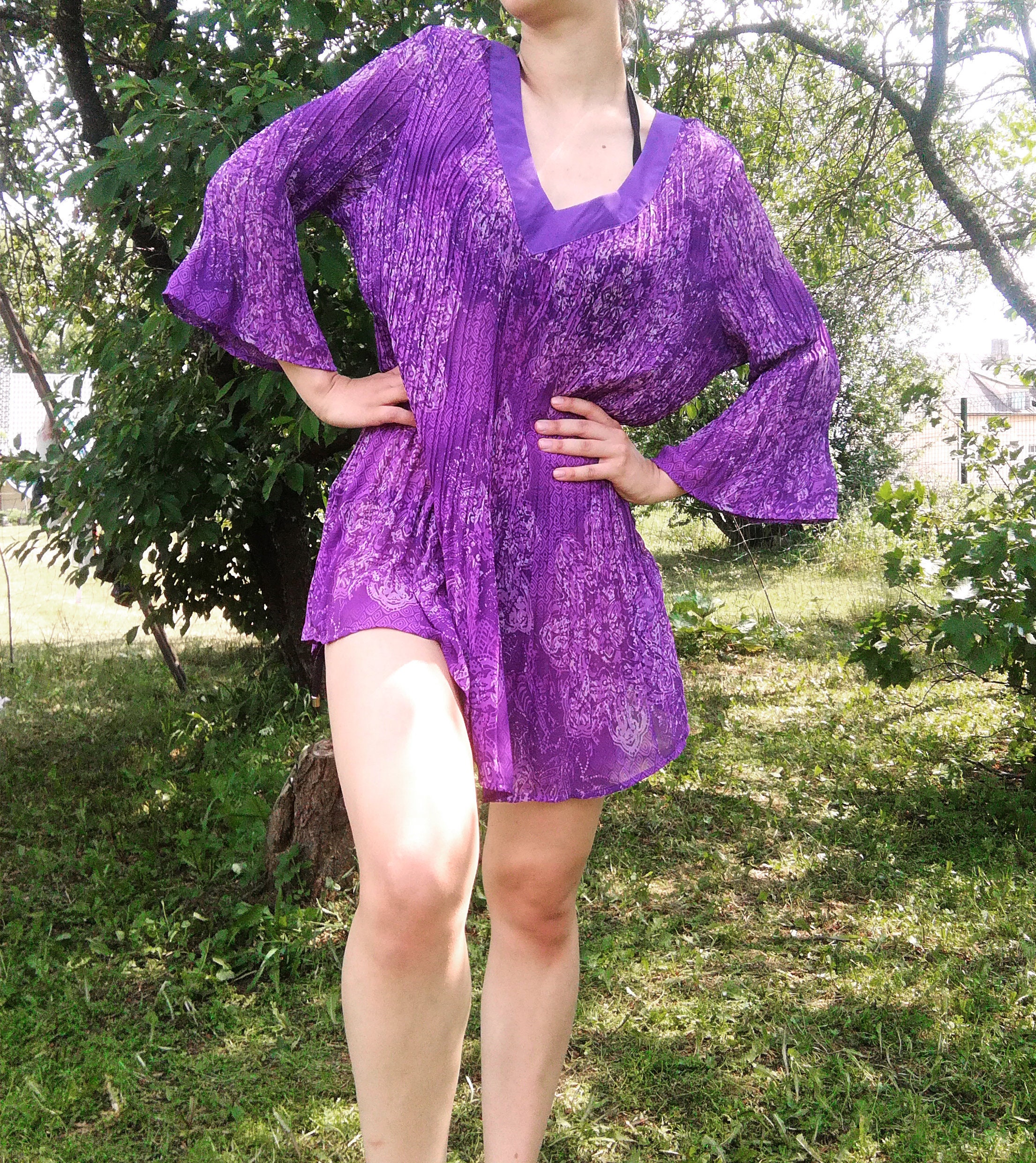 Vibrant Purple Vintage Micro Pleat Dress. 80s, 90s, Bell Sleeves, Beach ...