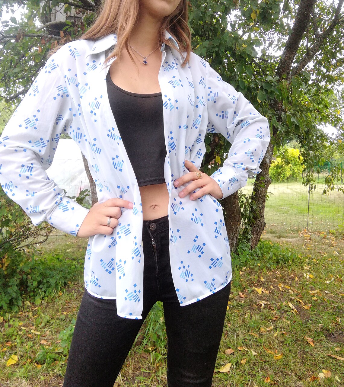 White Vintage Button up Collared Shirt With Blue Geometric | Etsy