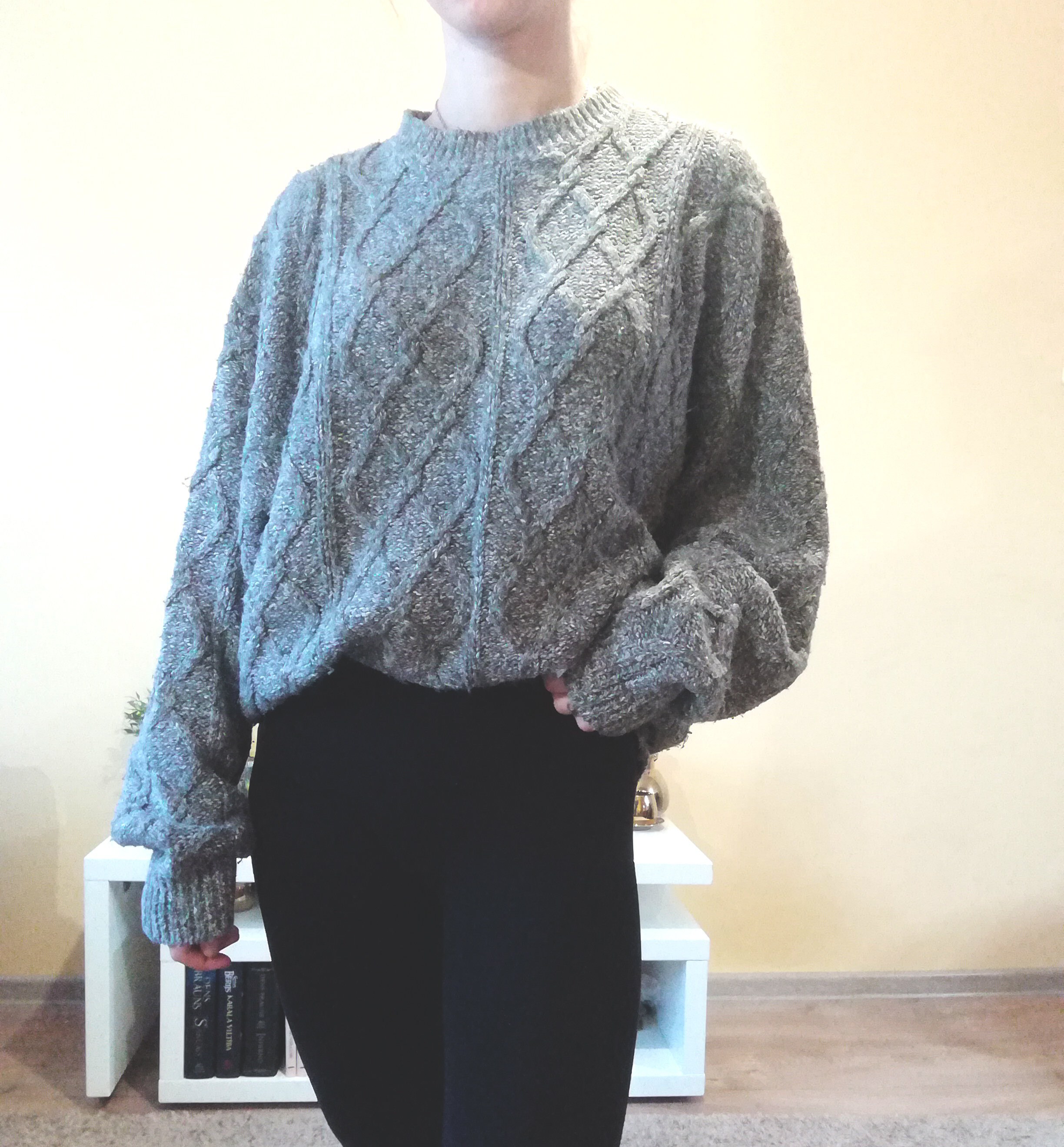 Light Gray Knitted Sweater. 3D Pattern, Relaxed Fit, Long Sleeves, Jack ...