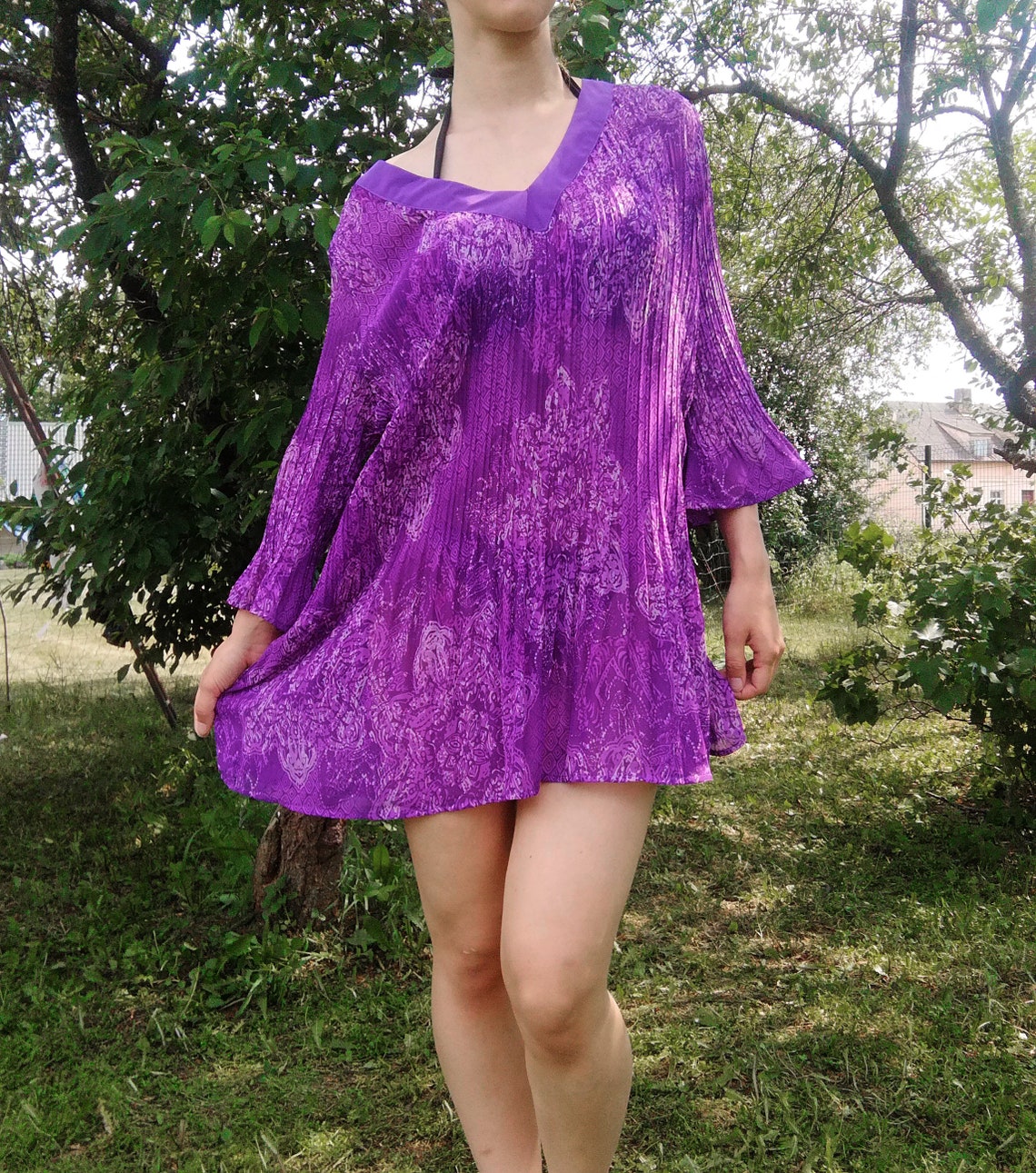 Vibrant Purple Vintage Micro Pleat Dress. 80s, 90s, Bell Sleeves, Beach ...